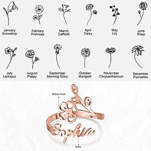 Personalized Name Ring for Women, Custom Adjustable Birth Flower Ring with Names Promise Birth Flower Ring for Her Gift for Women BFF (Rose Gold)