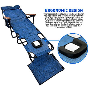 EasyGo Product FLIP Face Down Tanning Chaise Lounge Chair with Face & Arm Holes-4 Legs Support-Textilene Material-6 Position-Arm Head Rest Pillow-Beach or Home Use-PATENTS Pending, Blue