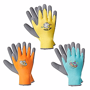 COOLJOB 3 Pairs Kids Gardening Gloves for Age 9-12, Grippy Rubber Coated Garden Work Gloves for Children, Orange & Green & Yellow, Large Size (3 Pairs L)