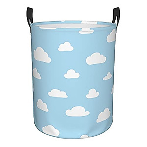 Round Laundry Hamper White Clouds Cartoon Blue Storage Basket Waterproof Coating Organizer Bin For Nursery Clothes Toys Medium