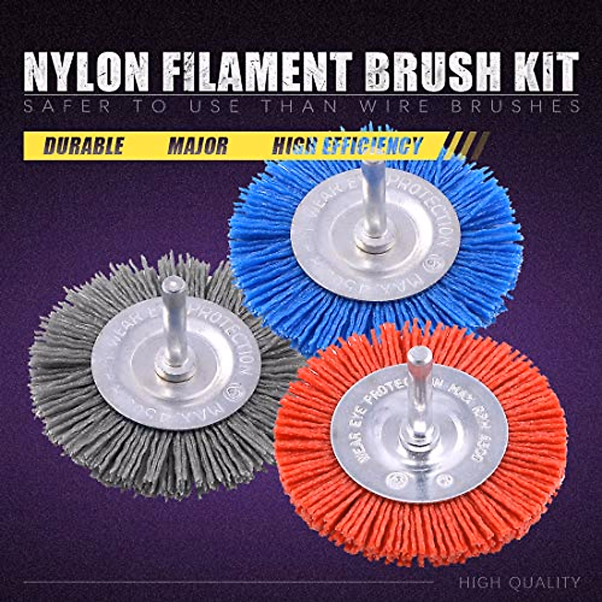 Swpeet 3Pcs 3Inch 80# 120# 240# Abrasive Nylon Wheel Brush Set with 1/4 Inch Shank, 3 Grit Nylon Drill Brush Set Perfect for Removal of Rust/Corrosion/Paint - Reduced Wire Breakage and Longer Life