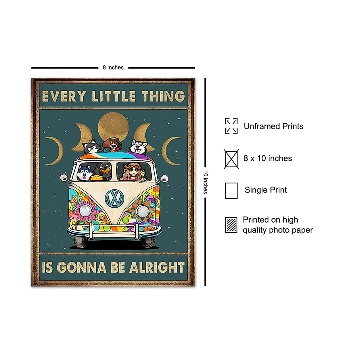 Flower Child Hippie Wall Art - Cute Positive Saying Wall Art - Retro Inspiration Gift for Woman - 60's Hippie Room Decor - Boho-chic hippie bus Poster - Every Little Thing Is Gonna Be Alright 8x10