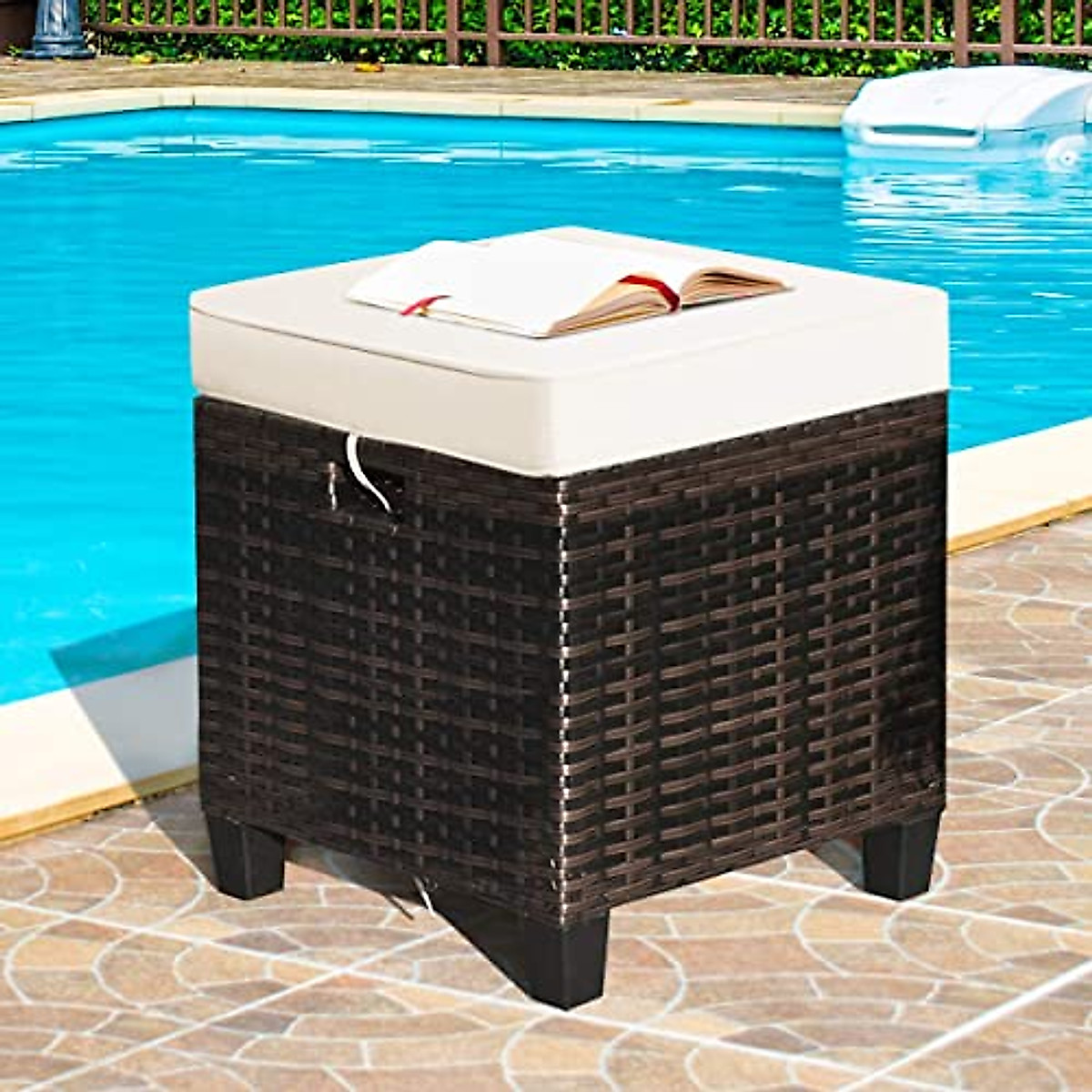 Tangkula 2 Pieces Outdoor Patio Ottoman, All Weather Rattan Wicker Ottoman Seat, Patio Rattan Furniture, Outdoor Footstool Footrest Seat w/Removable Cushions (Cream)