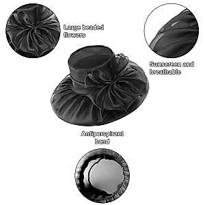 Acecharming Womens Sun Hat Organza Wide Brim Wedding Hats Ladies Summer Gauze Cap for Church Wedding Party Beach Travel Outgoing(Black)