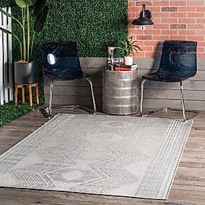 nuLOOM 7x9 Outdoor/Indoor Ranya Tribal Area Rug, Light Grey, Geometric Design, Stain Resistant, Highly Durable, For Patio, Balcony, Bedroom, Dining Room, Living Room, Bathroom