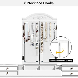 MAT EXPERT Vanity Desk Set with Mirror and 7 Drawers, Makeup Dressing Table w/Cushioned Stool, Dressing Table w/Partitioned Shelf, Modern Tri-Folding Mirror Vanities for Bedroom (White)