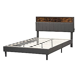 Merax Modern Upholstered Platform Bed with Storage Headboard and USB Port Wood Bed Frame No Box Spring Needed/Easy Assembly Full, Gray