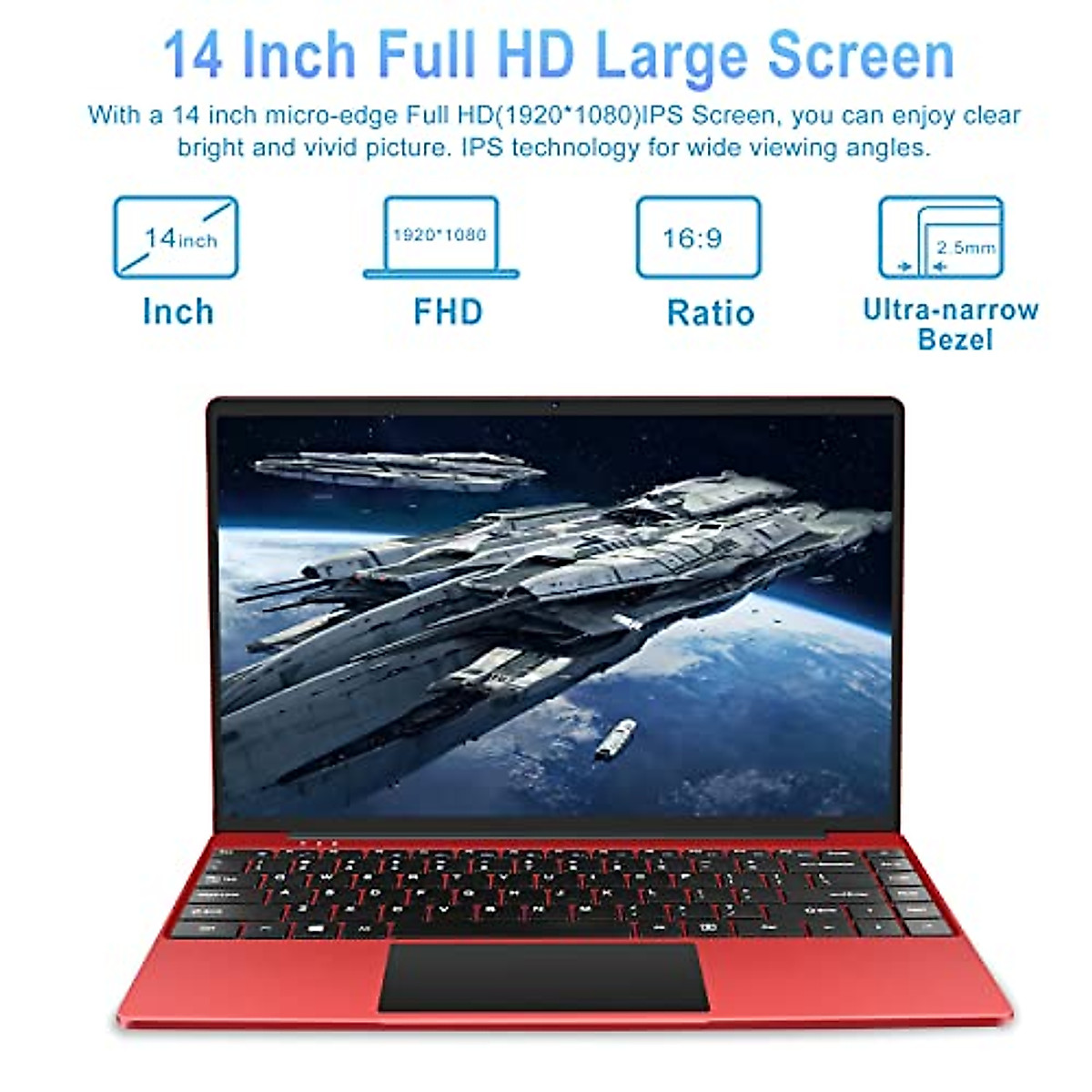 Ruzava Windows 10 Laptop Computers, 14" 6GB RAM 128GB SSD Support 1TB SSD Expansion, 1920x1080 FHD Traditional Laptop for Work Study Entertainment-Red