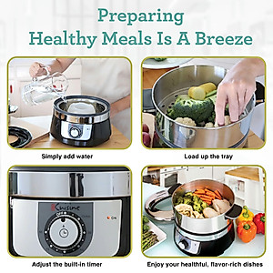 Euro Cuisine FS3200 Electric Food Steamer, Versatile Vegetable Steamer & Steam Cooker for Healthy Cooking, Ideal for Fish, Veggie, Meat, Easy Cleaning, Stainless Steel Design 1200 Watts