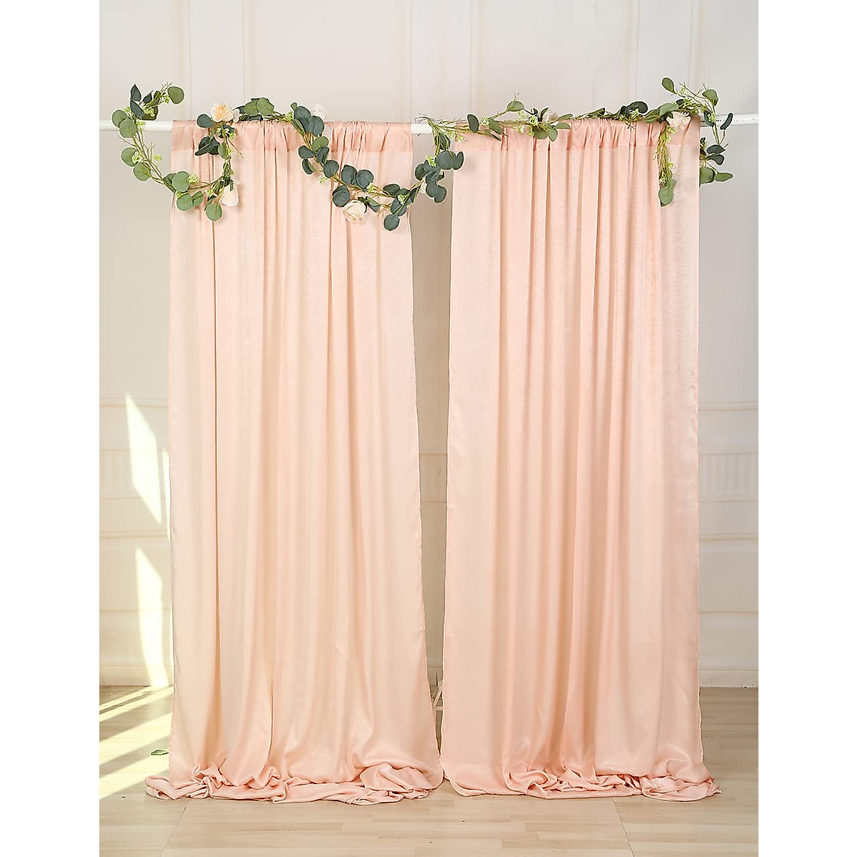 SHERWAY 9.6 Feet x 10 Feet Light Peach Silky Soft Curtain Wedding Backdrop Drapes, Slightly Shiny Satiny Window Curtains for Party Ceremony Decoration