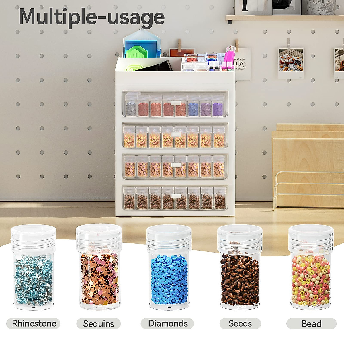 ARTDOT Storage Containers for Diamond Painting Accessories, Art Bead Organizer 4 Drawers with 192 Slots Storage Bottles and Diamond Painting Tools and Kits Rack with Funnel
