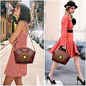 Genuine Leather Handbags for Women, Organizer Top Handle Satchel Vintage Embossing Totem Shoulder Bag