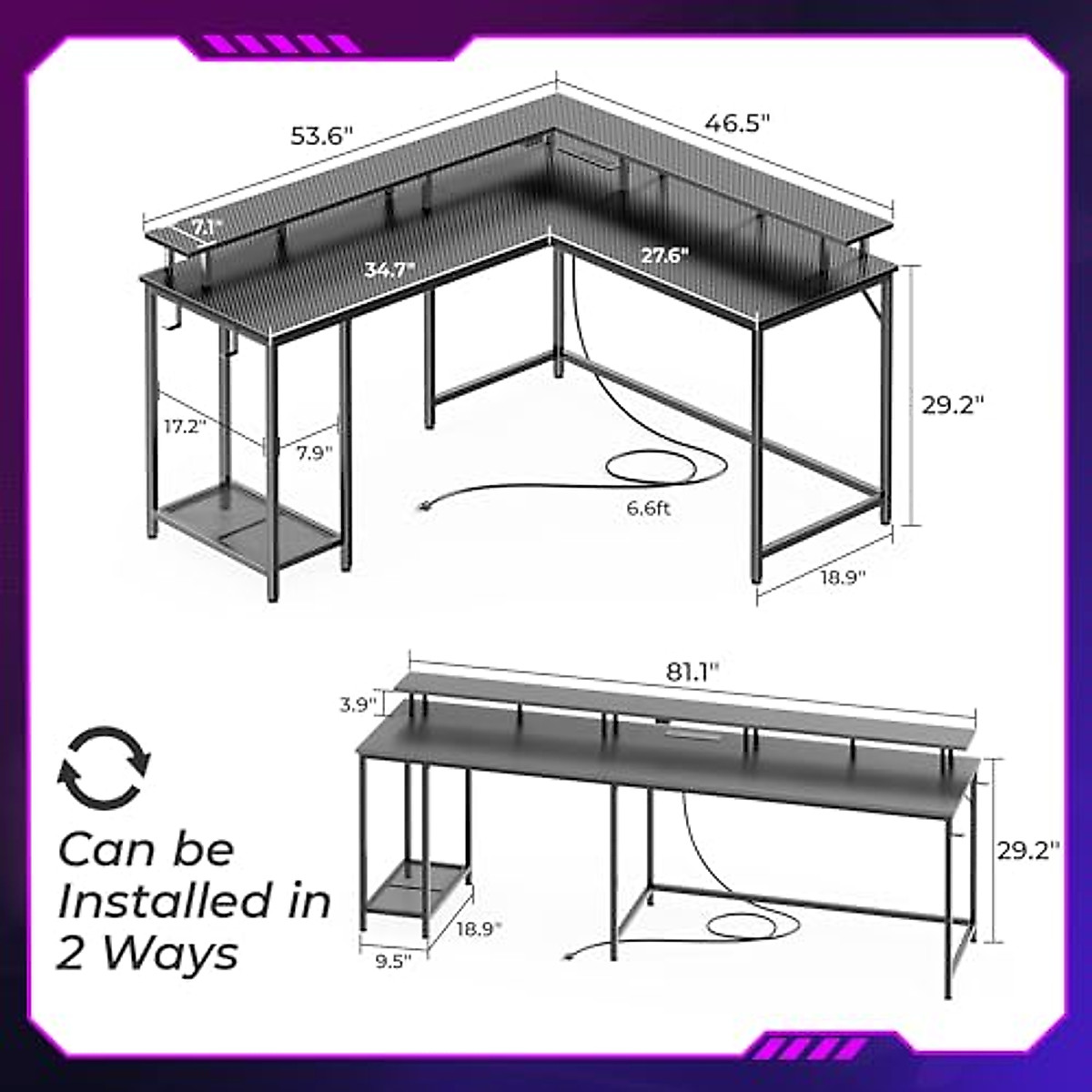 SUPERJARE Desk L Shaped Gaming Desk with LED Lights & Power Outlets, Computer Desk with Monitor Stand, Home Office Desk Corner Desk with Headphone Hooks, Carbon Fiber Black