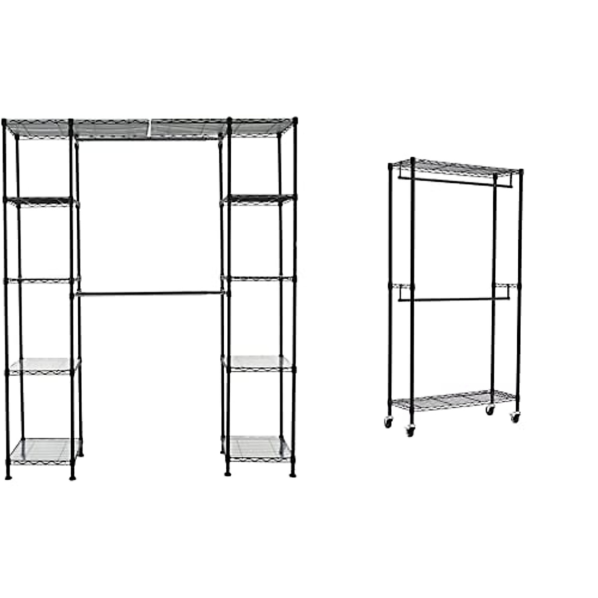 Amazon Basics Double Hanging Rod Garment Rolling Closet Organizer Rack, Black & Expandable Metal Hanging Storage Organizer Rack Wardrobe with Shelves, 14"-63" x 58"-72", Black