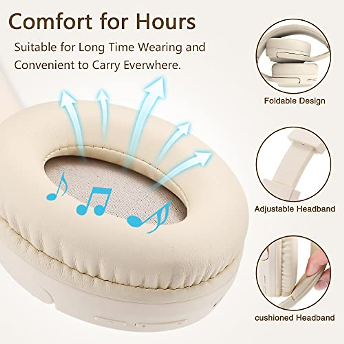 Bingozones SN-A2 Wireless Headphones Bluetooth with Microphone, Lightweight Bluetooth V5.3 On Ear Headset for School, 20+H Playtime, Portable Wired Headphones for iPad/Travel/Tablet/PC - Beige