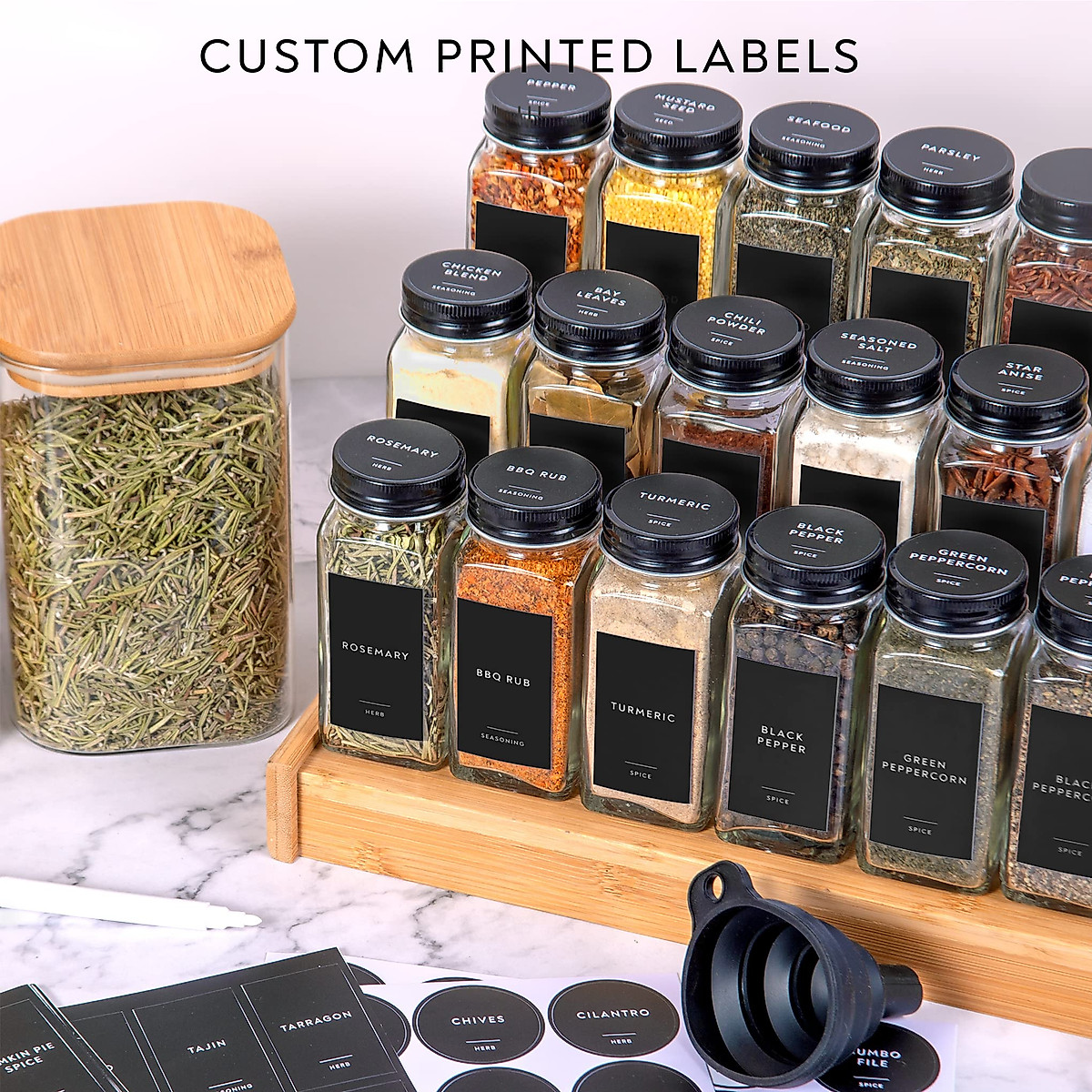 Laramaid 4oz 24Pack Spice Jars with 455 Black Vinyl Spice Labels, Shaker Lids Dispenser with Airtight Black Metal Caps, Cleaning Brush and Collapsible Silicone Funnel Complete Set