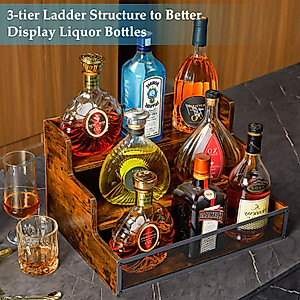 3 Step Countertop Liquor Bottle Display Shelf, Wood Bar Shelves 12 Bottles with Fences, Freestanding Storage Shelves for Liquor Whiskey Wine Coffee Syrup Display, Retro Wine Rack Home (Patent Pending)