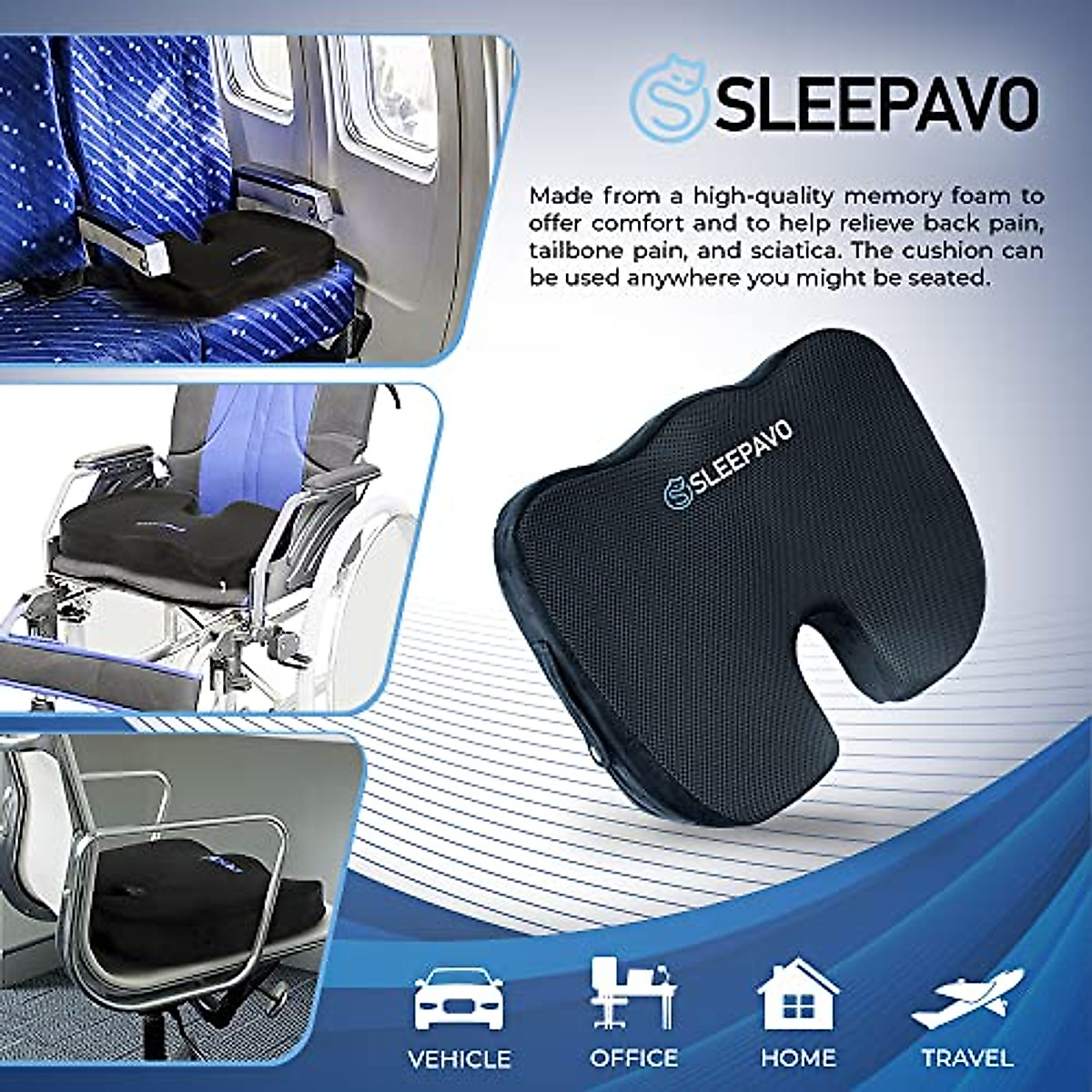 Sleepavo Black Memory Foam Seat Cushion for Office Chair - Cooling Gel Pillow for Sciatica Coccyx Back Tailbone & Lower Back Pain Relief - Chair Pad for Lumbar Support in Office Desk, Car & Airplane