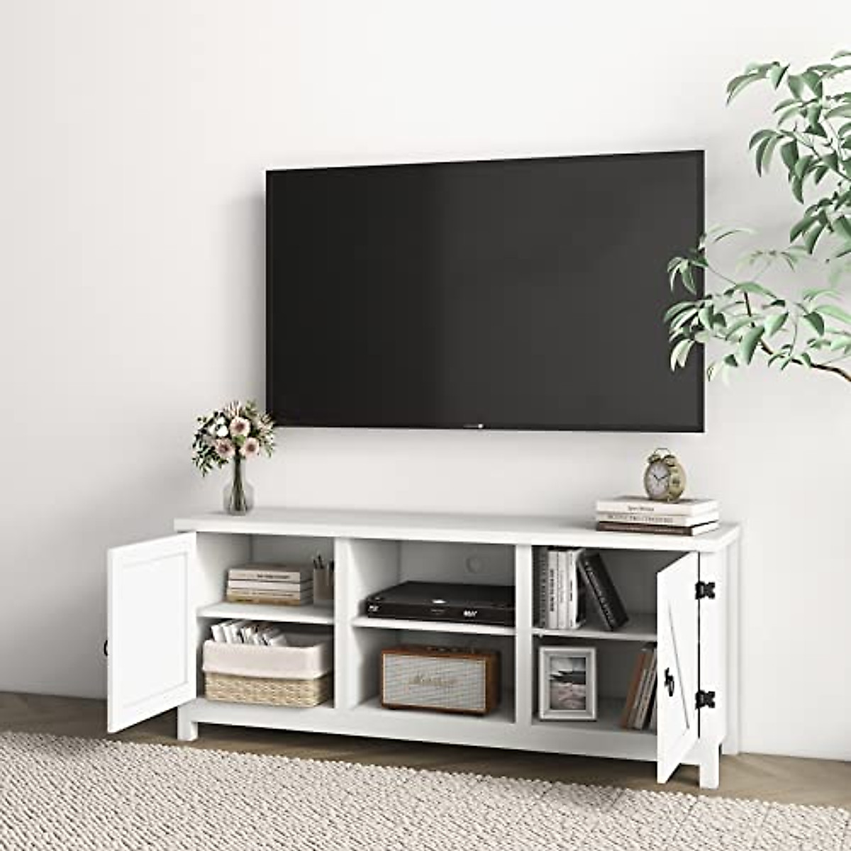 Panana Modern Farmhouse TV Stand for 65 inch TV, Entertainment Center with Storage and Open Shelves, Wood TV Stands TV Table Stand for Living Room, Bedroom (White, for 32"-65" TV)