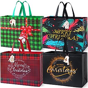 ZUIYIN 12Pcs Extra Large Christmas Gift Bags With Gift Tags, Gift Bags Reusable Shopping Bags have Santa Claus Plaid Merry Christmas ​Pattern of Gift Bag for Christmas Party, Christmas Surprise