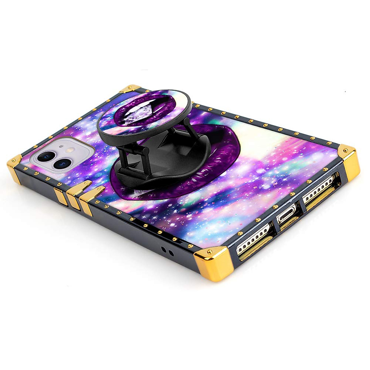 BITOBE Luxury Square Phone Case iPhone 11 with Stand 6.1 Inch 2019 Retro Elegant Soft TPU Design Cover for Women Girls with Ring Holder Kickstand (Purple Galaxy Diamond Lips)