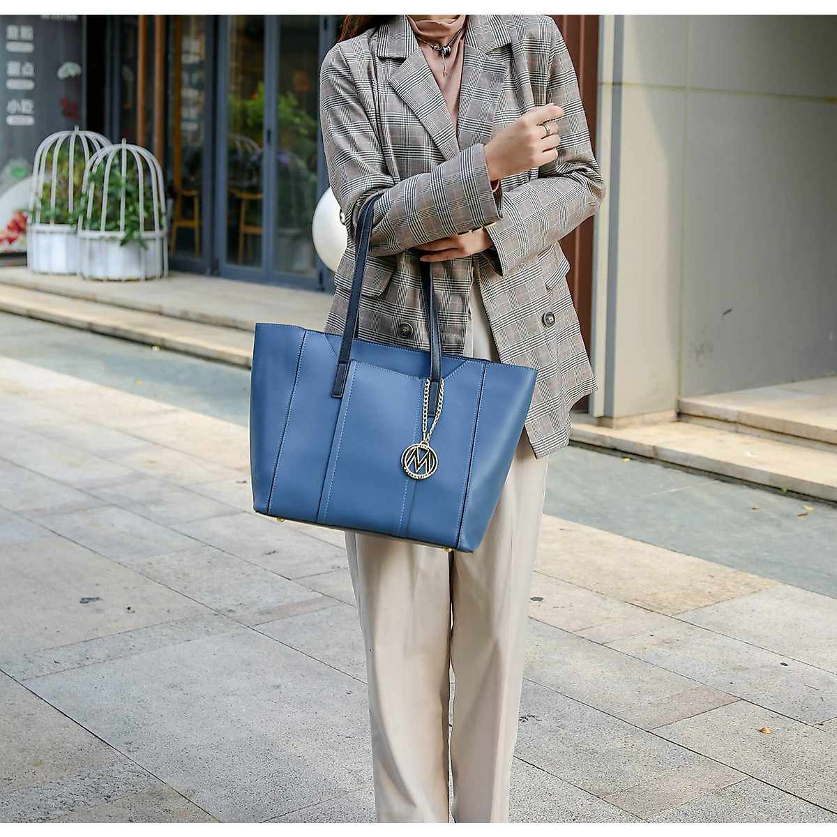 MKF Set Shoulder Bag for Women & Wristlet Wallet Purse: Top Handle Tote Satchel PU Leather Handbag Pocketbook Dark Pink