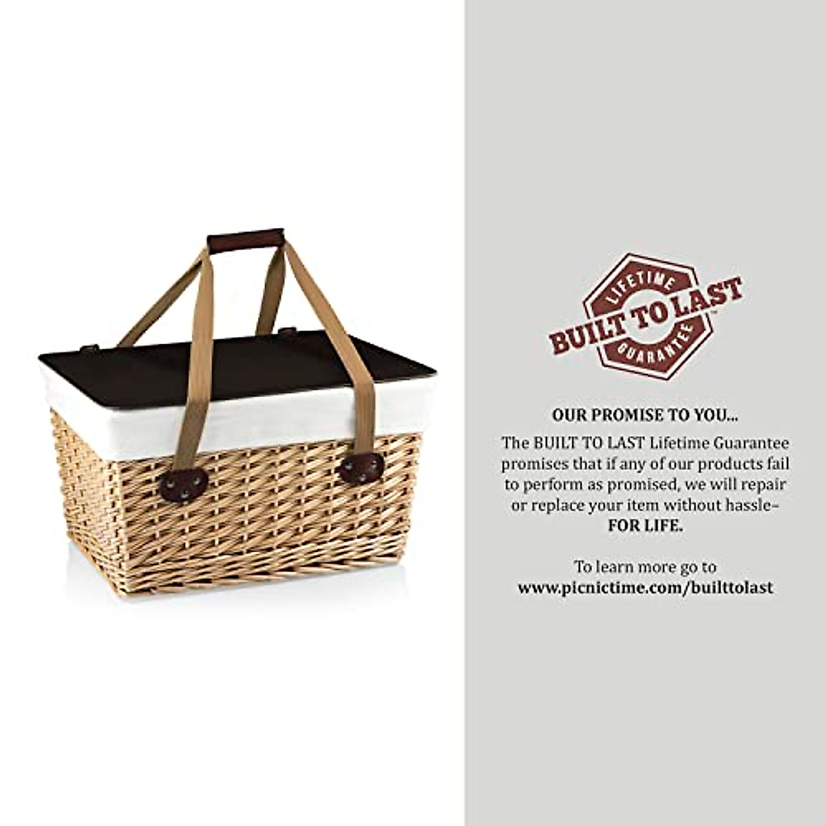 PICNIC TIME Canasta Wicker, Picnic Basket for 2, 18.9 x 13.8 x 11, Beige Canvas With Brown Lid
