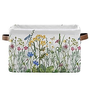xigua Vintage Colorful Herbs Wild Flowers Floral Storage Basket Collapsible Toy Storage Bins Waterproof Canvas Storage Basket with Leather Handles for Home Closets Offices,Bedrooms,Kids Toy and Gift Baskets,1PCS