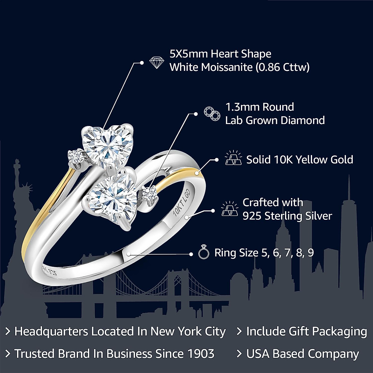 925 Silver and 10K Yellow Gold Heart Shape White Moissanite and White Lab Grown Diamond 2 Tone 2 Heart Promise Couple Women Engagement Mother Ring (0.86 Cttw, Available In Size 5, 6, 7, 8, 9)