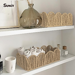 Sunlit Natural Fibre Farmhouse Storage Baskets, Hand Woven Bathroom Storage Boxes, Boho Toilet Paper Tank Basket, Decorative Storage Bins for Countertop, Bathroom Organizer Set of 2, Wavy, Natural