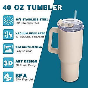 Gome 40 oz Tumbler with Handle Milky white - Stainless Steel Cup with Straw - Insulated Coffee Mug with Lid - Daisy Birthday Gifts for Women - Hand Wash Only