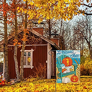 Covido Welcome Fall Garden Flag Home Decorative Blue White Pumpkin House Yard Outside Beach Small Flag Autumn Nautical Seahorse Coastal Decoration Ocean Sea Polka Dots Outdoor Decor Double Sided 12x18