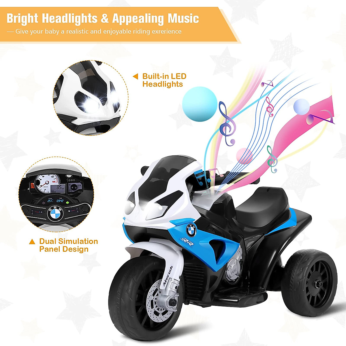 HONEY JOY Kids Motorcycle, Licensed BMW 6V Battery Powered Ride On Motorcycle w/LED Headlights, Music, Pedal, Spring Suspension, 3 Wheels Electric Motorcycle for Kids, Gift for Boys Girls(Blue)