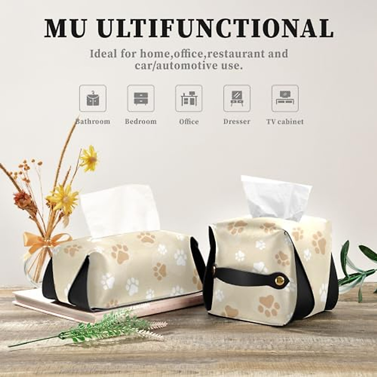 Fustylead Brown Claw Print Tissue Box Cover, PU Leather Square Decorative Cover for Tabletop, Bathroom, Car, Office