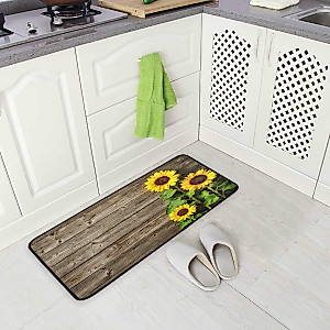 susiyo Kitchen Rug Mat, Yellow Sunflowers on Wooden Board Kitchen Mat Anti-Fatigue Comfort Floor Mat Non Slip Oil Stain Resistant Easy to Clean Kitchen Rug Bath Rug Carpet for Indoor Outdoor Doormat