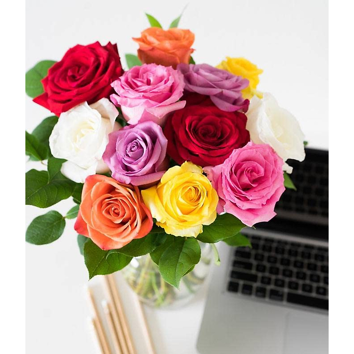 From You Flowers - One Dozen Rainbow Roses with Free Vase (Fresh Flowers)