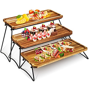 3 Tier Wooden Cupcake Stand Serving Tray, FODIENS Acacia Wood Dessert Table Display Set with Foldable Iron Frame, Decorative Tiered Charcuterie Boards Serving Trays Platters for Party Entertaining