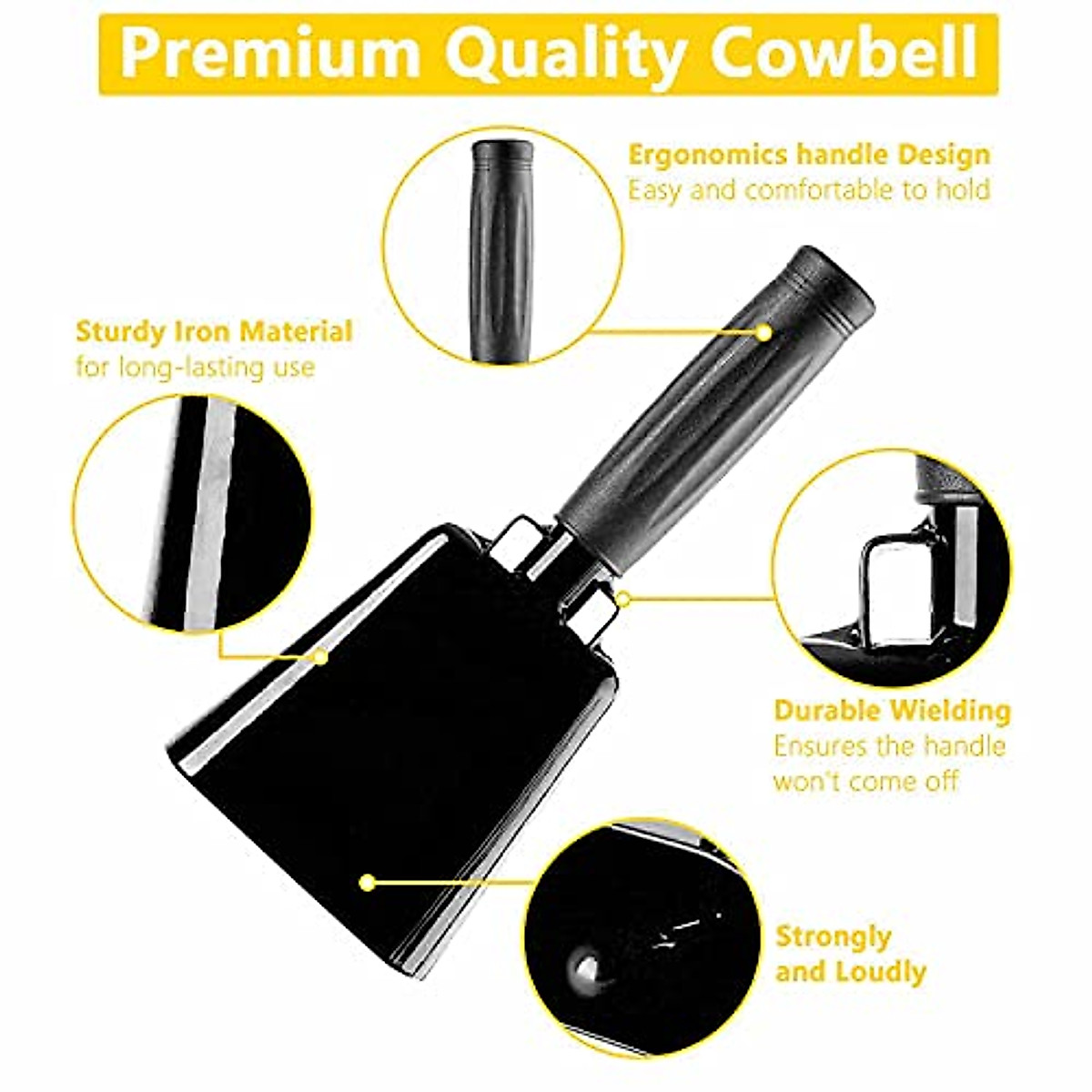 Steel Cow Bell with Handle Cowbells,Cheering Bell and Loud Noise Makers Hand Bells for Sporting Events,Football Games,School Bell,Farm Hand Chimes Percussion Musical Instruments (8 inch Black)
