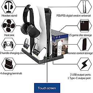 Cooling Fan Vertical Stand for Playstation 5 Console and Digital Edition, Controller Charging Station Dock for PS5 Dualsense Controller with Led Indicators and 15 Game Slots