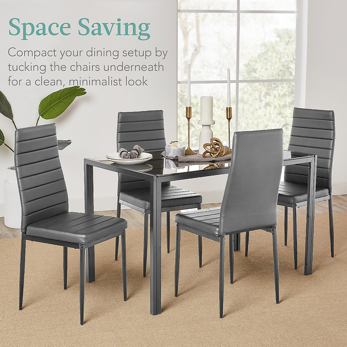 Best Choice Products 5-Piece Glass Dining Set, Modern Kitchen Table Furniture for Dining Room, Dinette, Compact Space-Saving w/Glass Tabletop, 4 Upholstered PU Chairs, Metal Steel Frame - Gray