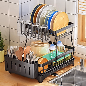 HERJOY Dish Drying Rack, Detachable 2 Tier Dish Rack and Drainboard Set, Large Capacity Dish Drainer Organizer Shelf with Utensil Holder, Cup Rack for Kitchen Counter, Black