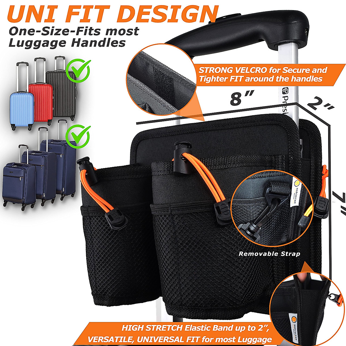 Herculean Merchs Luggage Cup Holder - Black Nylon & Polyester Drink Holder for Suitcase Handles - Caddy Bag Accessory for Beverage, Bottle Holder - Luggage Gift, Drink Caddy for Traveler Carry On