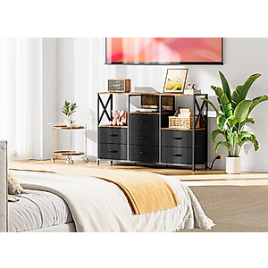 Black Dresser for Bedroom, 53" Dresser TV Stand with LED Light and Power Outlets, 7 Drawers Dressers, Fabric Chest of Drawers with Open Shelf, Large Dressers for Bedroom, Living Room