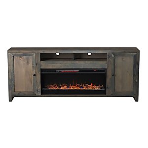 Bridgevine Home Rustic Joshua Creek Fireplace TV Stand Entertainment Center, Accommodates TVs up to 95 Inches, Fully Assembled Knotty Alder Solid Wood, 83 Inches, Barnwood Finish