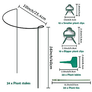 24 Pack Plant Support Stake, Half Round Metal Garden Plant Stake, Green Plant Support Ring, Border Support with Plant Lables & Plant Clips for Outdoor Indoor Plants, Vegetable, Flowers