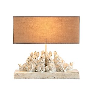 Creative Co-op Whitewashed Rabbit Table Lamp with Sand-Colored Linen Shade, 14" L x 5.5" W x 13" H