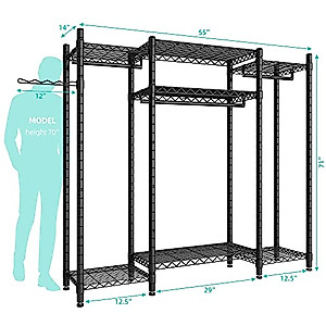 PUNION Clothing Rack Heavy Duty Clothes Rack, L Shaped Pro Garment Rack with 7 Shelves, Sturdy Metal Wardrobe Closet Rack for Hanging Clothes, 56" L x 14" W x 71" H, Max Load 520lbs, Black, GR7L