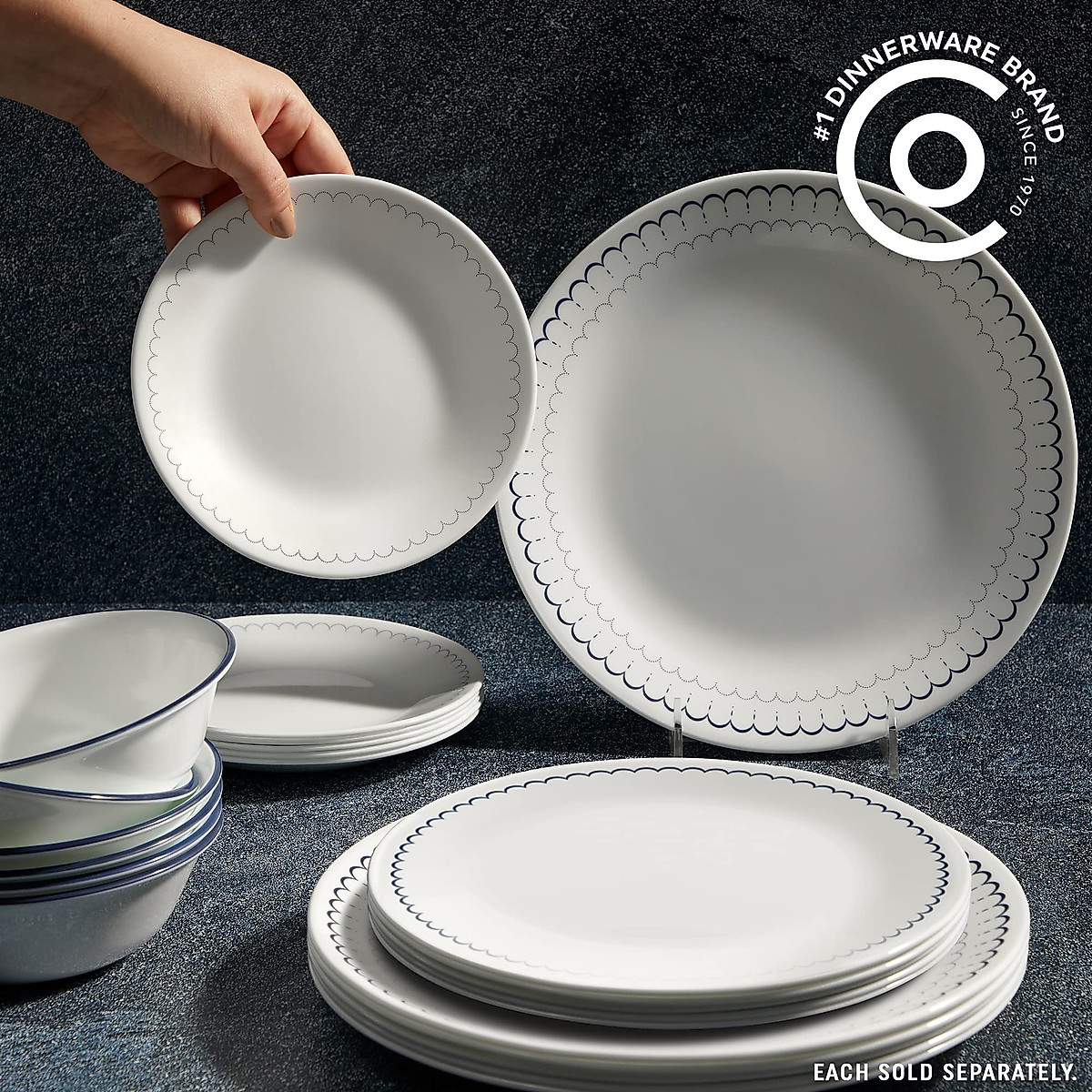 Corelle 6-Piece 8.5" Lunch Round Plates, Vitrelle Triple Layer Glass, Lightweight Round Plates, Salad Plates, Chip and Scratch Resistant, Microwave and Dishwasher Safe, Caspian, Medium, Portofino