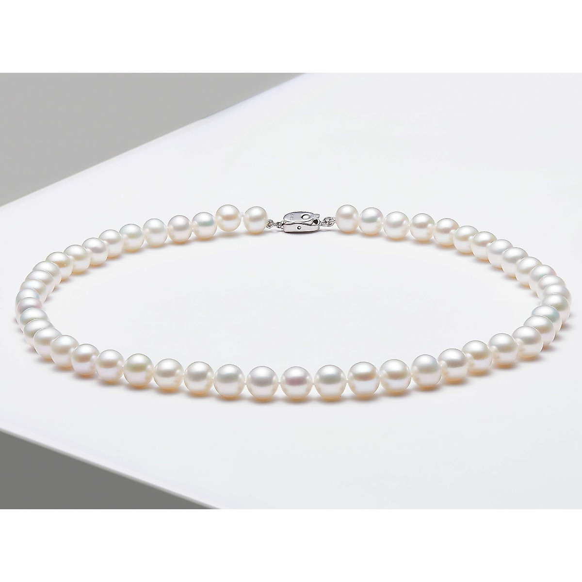 SWEETV 8.0-8.5mm Pearl Necklace for Women Round White Pearl Strand Necklaces in 18" Princess Length Sterling Silver Pearl Necklace for Anniversary Mother's Day