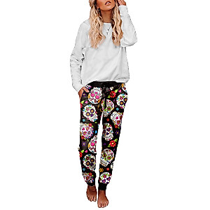 Women Halloween Sugar Skull Pajama Pants Day of The Dead Long Cotton Ankle Drawstring Joggers S